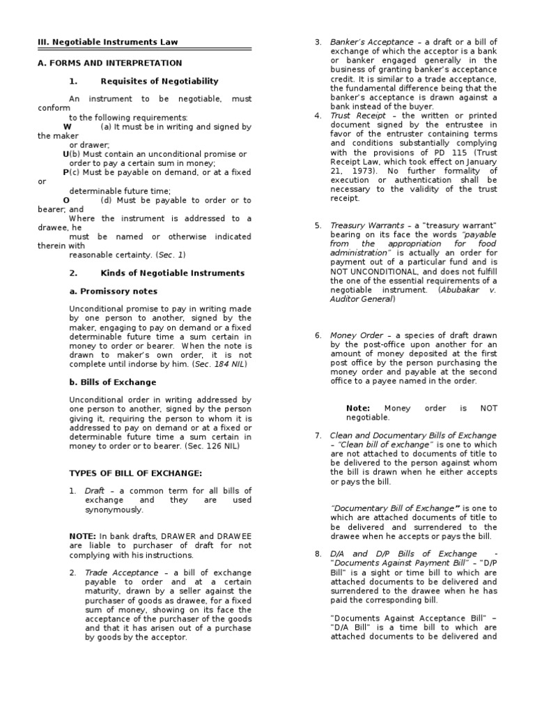 Negotiable Instruments Law Reviewer Pdf Negotiable Instrument Law