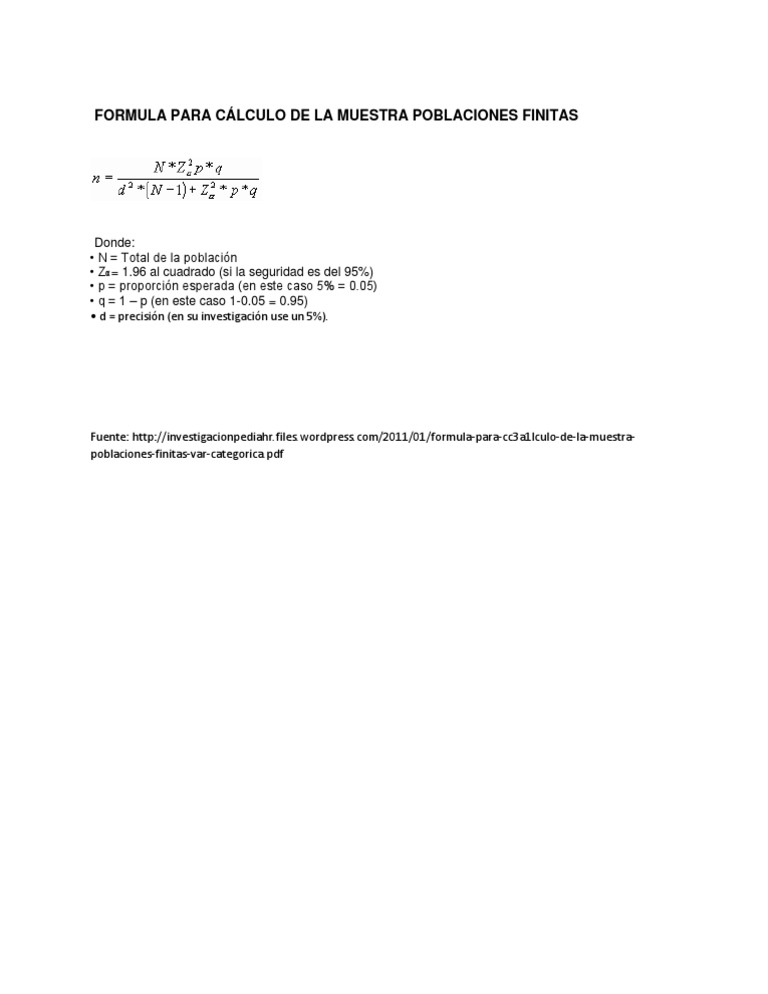 Formula para Cálculo de La Muestra Poblaciones Finitas | PDF