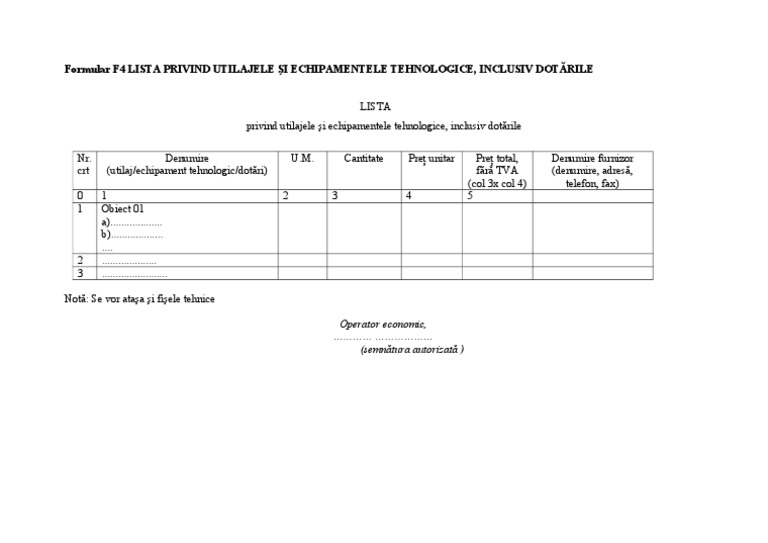 Formular F4. Lista Utilaje, Echipamente Inclusiv Dotari Actualizat | PDF