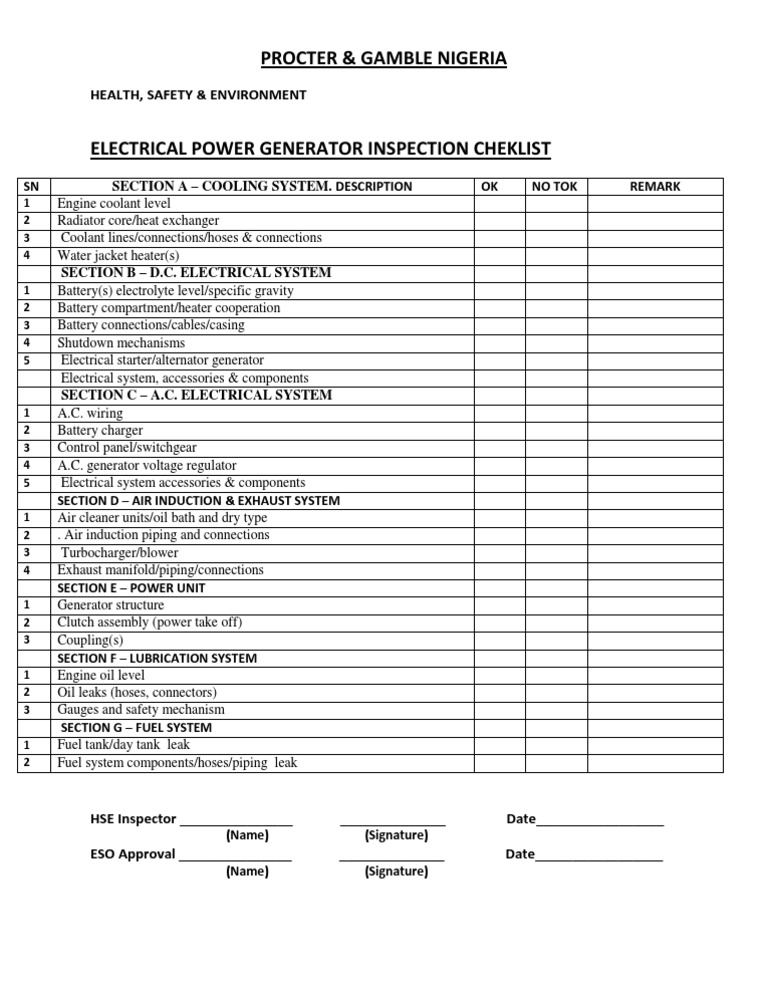 Generator Inspection Checklist | PDF | Electric Generator | Electric Power
