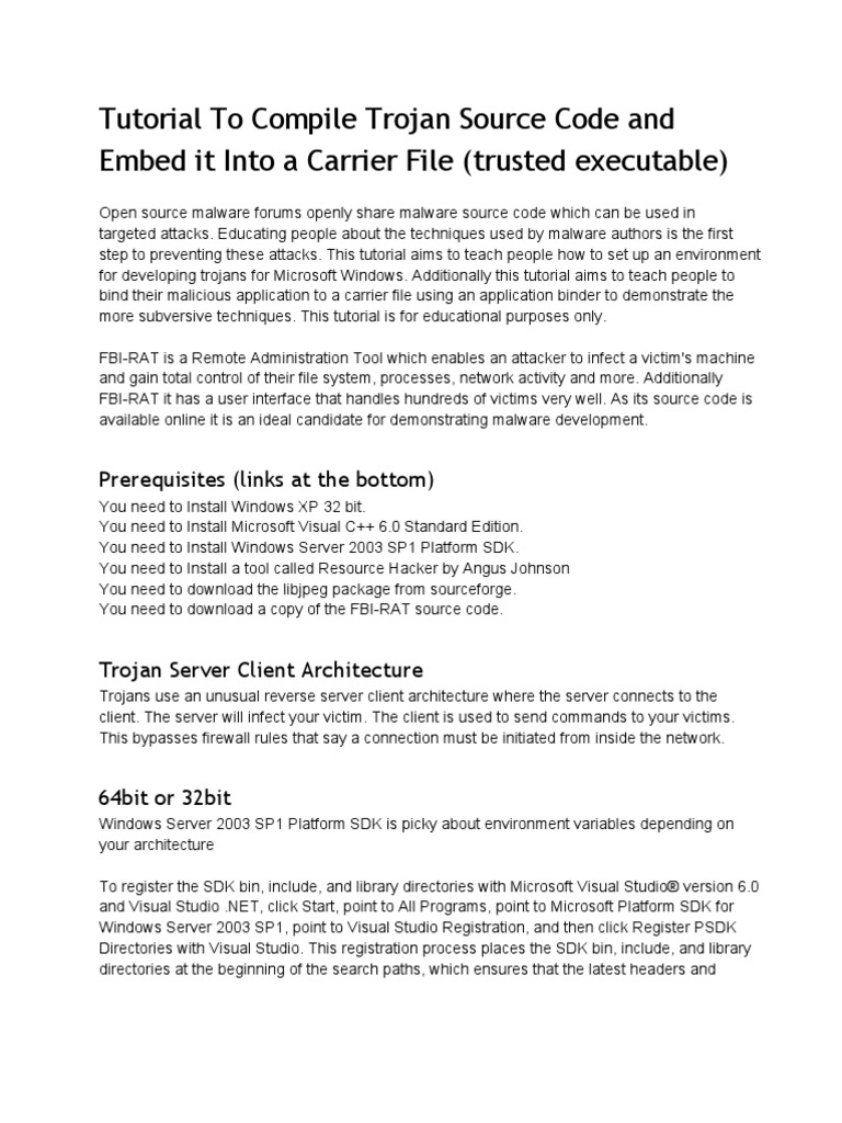 Tutorial To Compile Trojan Source Code And Embed It Into A Carrier File Pdf Microsoft Visual