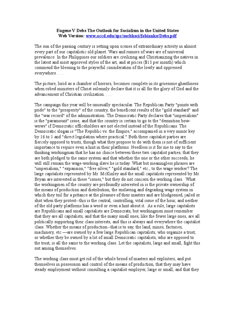 Eugene V Debs The Outlook For Socialism in The United States | PDF ...