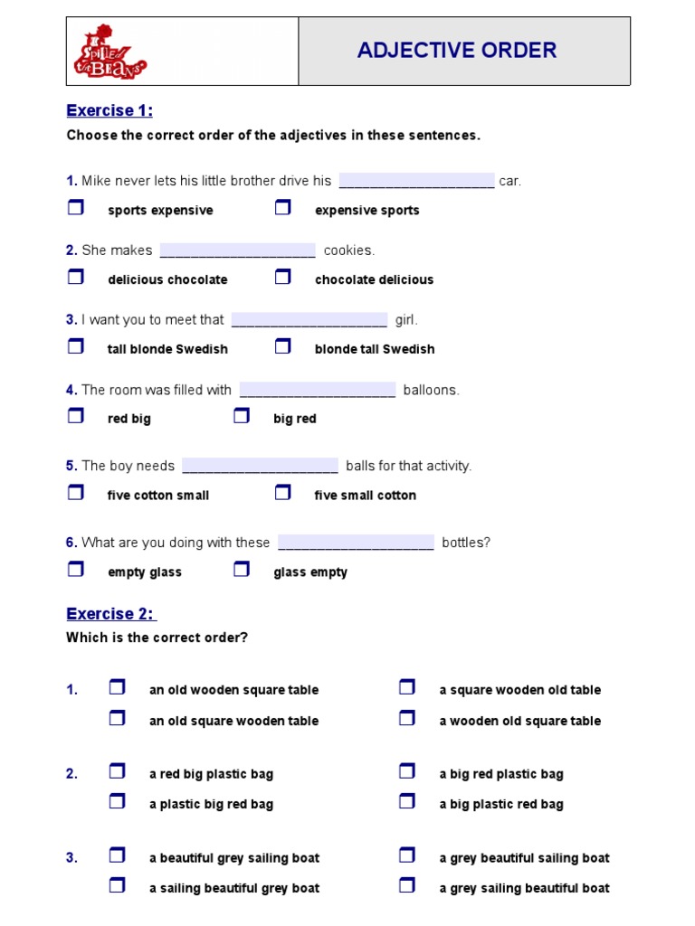 Exercises Adjective Order | PDF | Teaching Methods & Materials