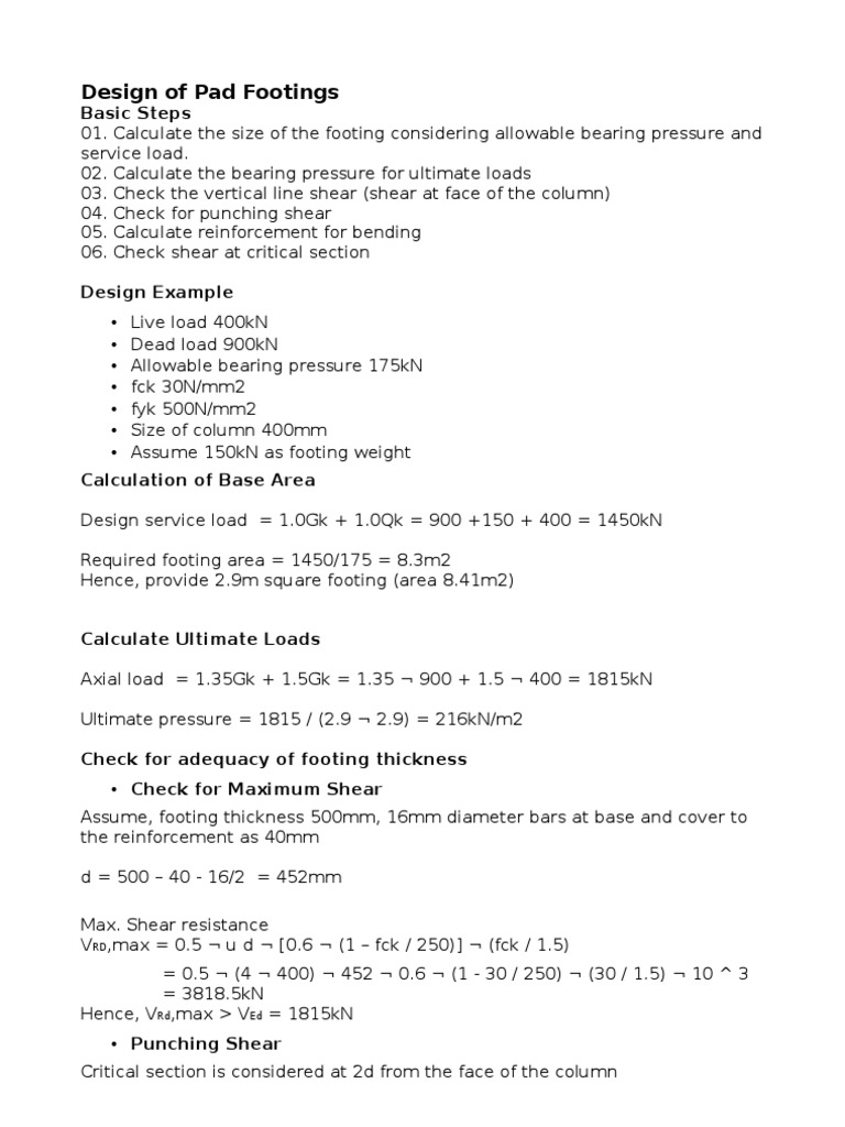 Design of Pad Footings: Basic Steps | PDF | Shear Stress | Column