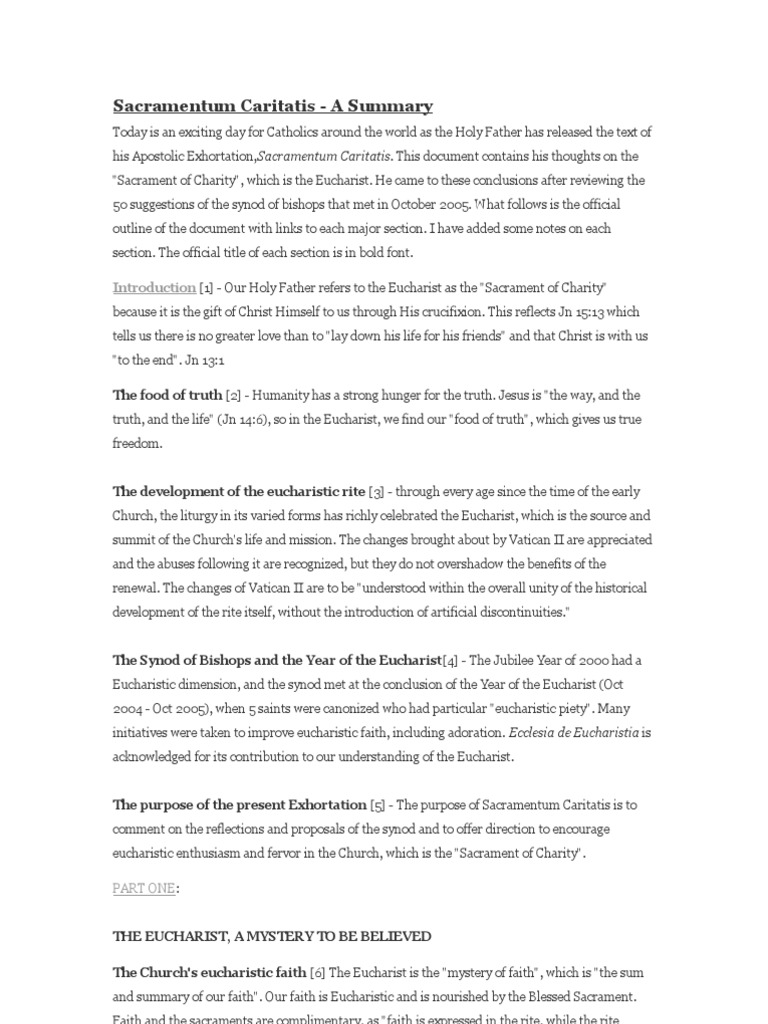 Sacramentum Caritatis Summary | PDF | Eucharist | Mass (Liturgy)