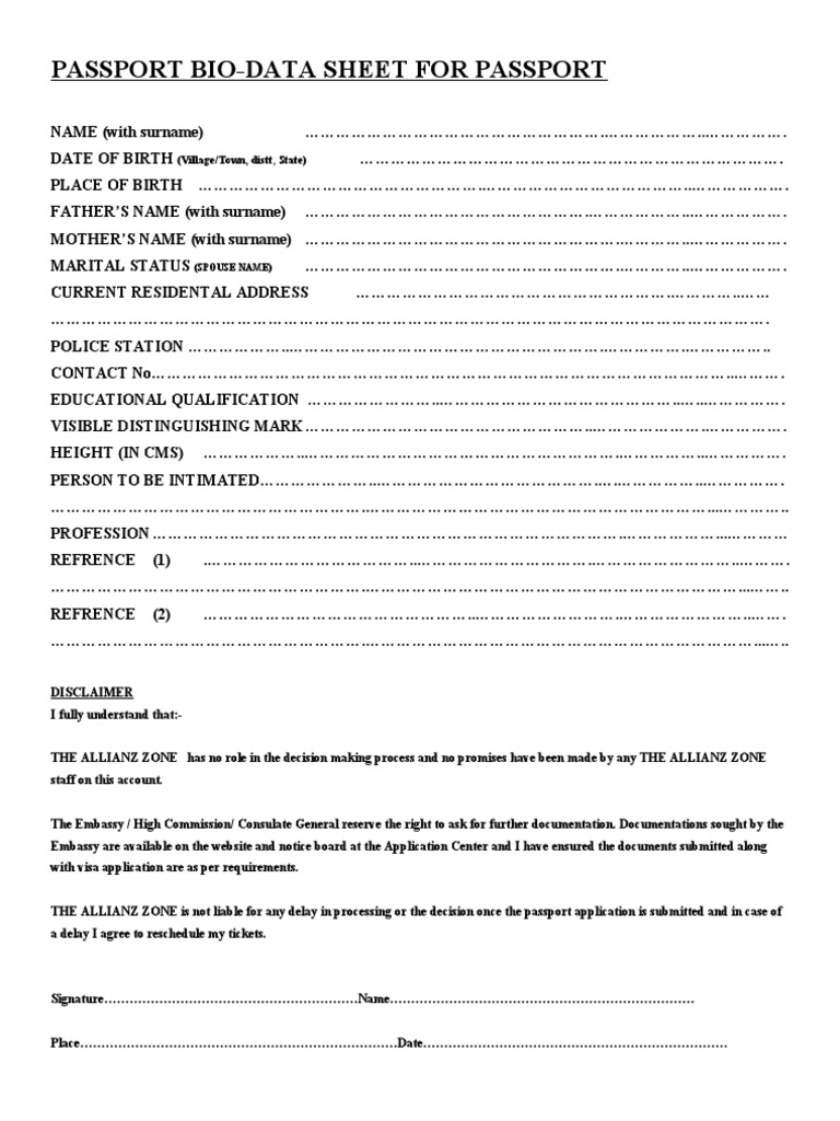 Passport Bio-Data Sheet | PDF