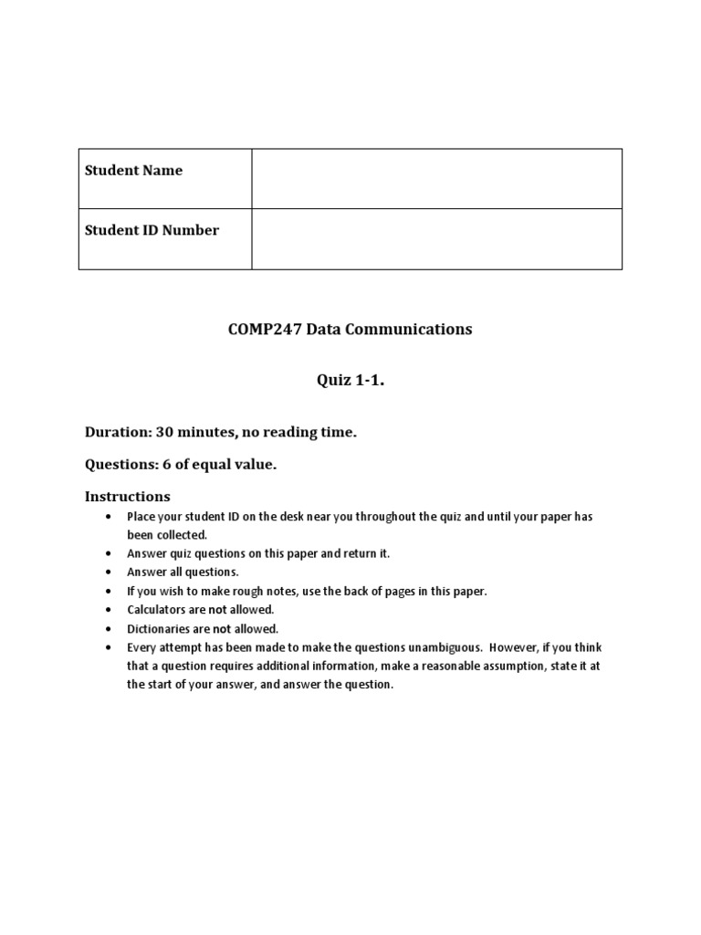 Fundamentals Of Computer Networks Quiz 1 With Answers Pdf Ip Address Transmission