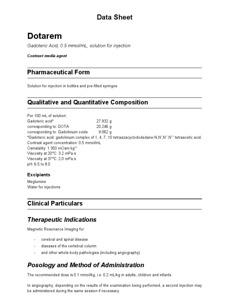 Dotarem Injection Dosage and Safety Guide | PDF | Syringe | Magnetic ...