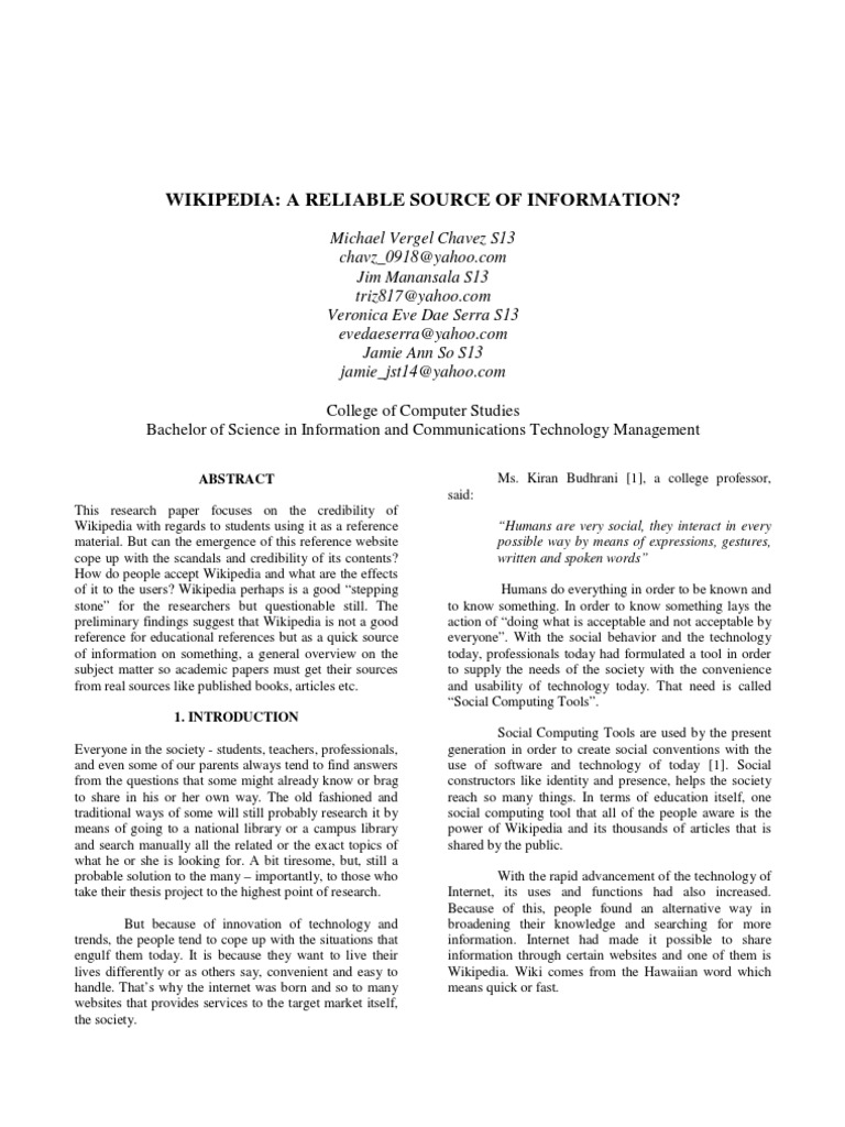 Wikipedia: A Reliable Source of Information? | PDF | Wikipedia | Internet