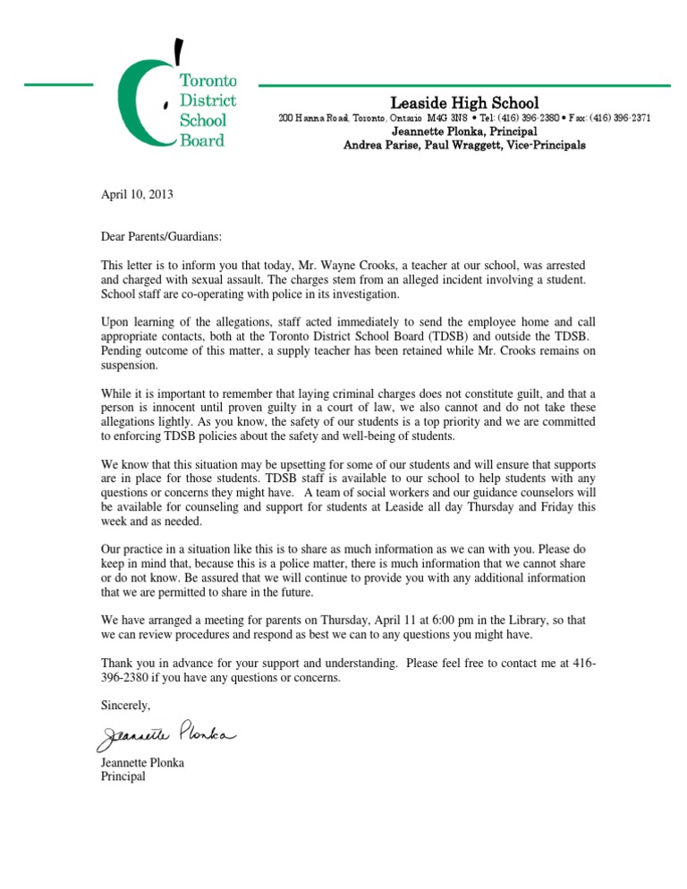 Leaside High School Letter To Parents | PDF