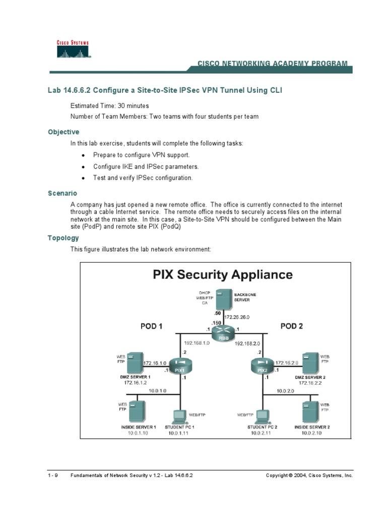 Lab 14.6.6.2 Configure A Site-To-Site Ipsec VPN Tunnel Using Cli | PDF | Internet Standards ...