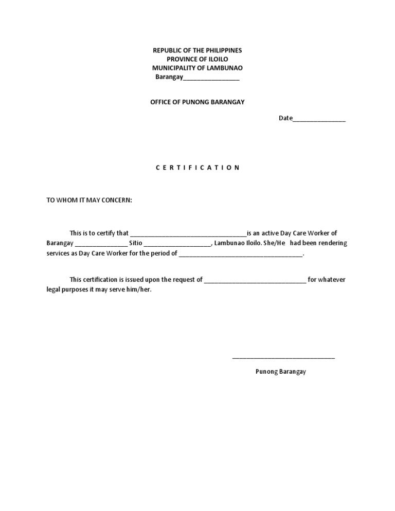 Barangay Day Care Worker Certification | PDF | Career & Growth | Social ...