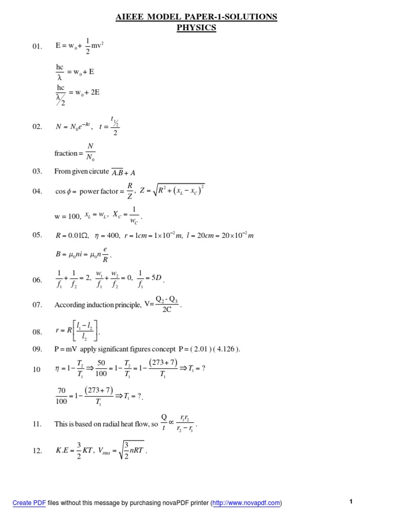 Aieee Model Paper-1-Solutions Physics: 1 E=w+ mv 2 hc = w + E λ hc = w ...