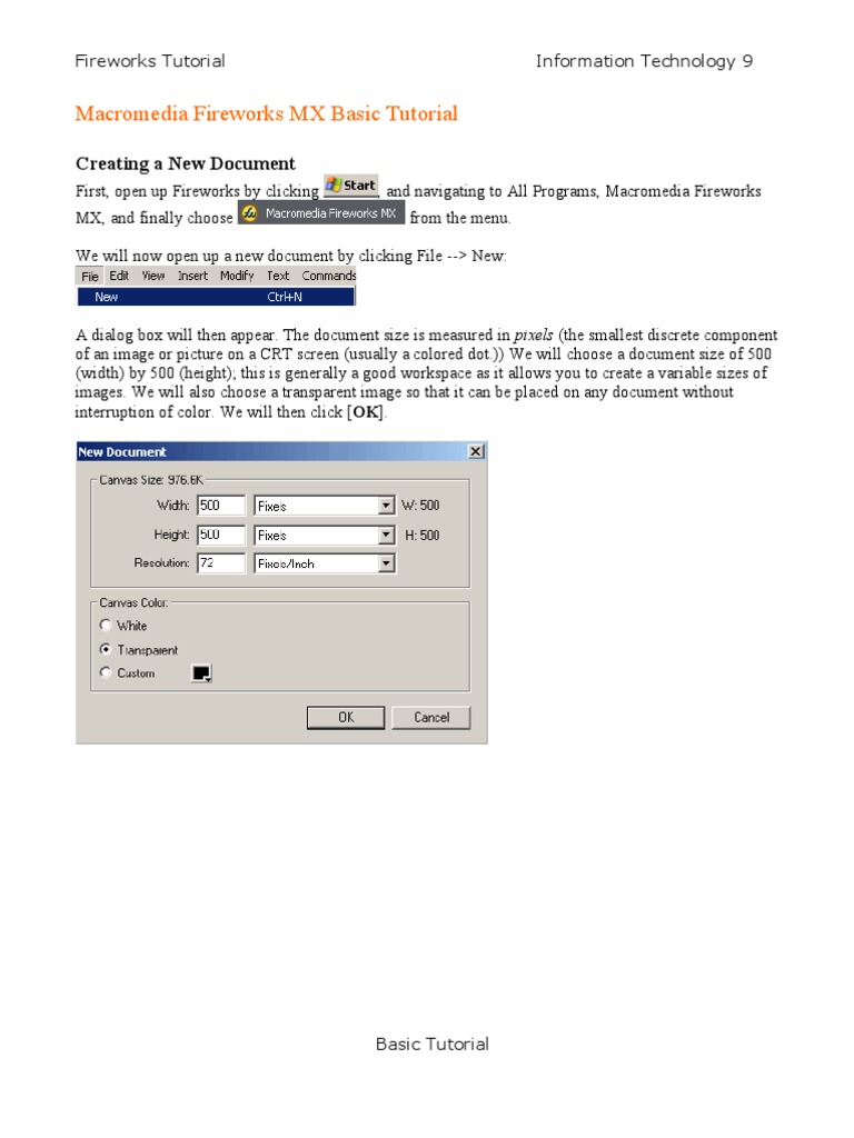 Macromedia Fireworks MX Basic Tutorial: Creating A New Document | PDF ...