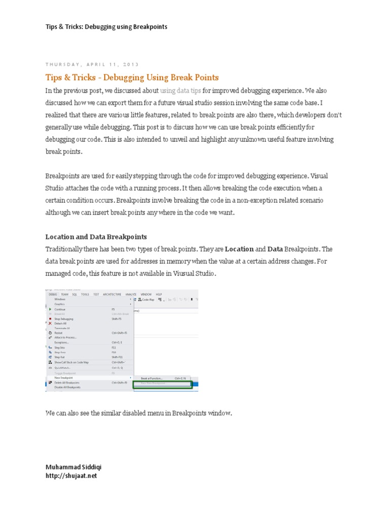 Debugging Using Break Points Pdf Microsoft Visual Studio Keyboard