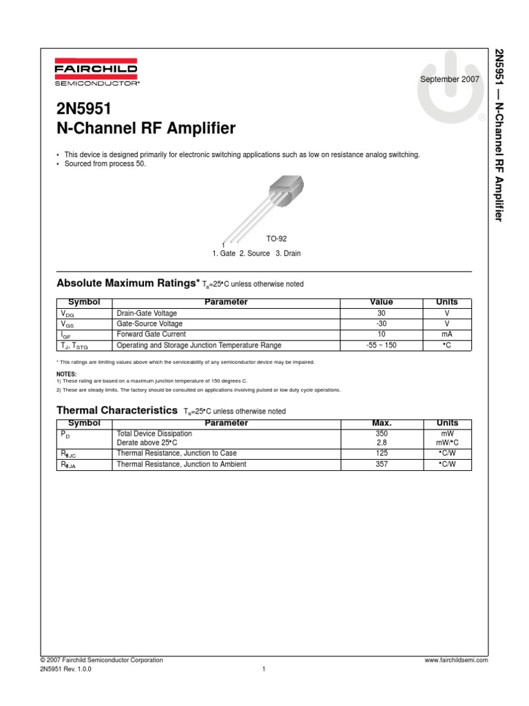2N5951 N-Channel RF Amplifier: Absolute Maximum Ratings | PDF | Field ...