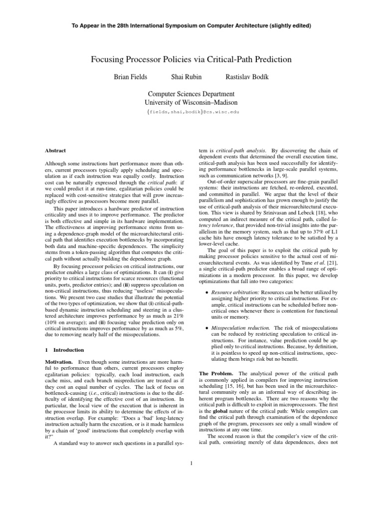 Focusing Processor Policies Via Critical-Path Prediction | PDF | Cpu Cache | Program Optimization