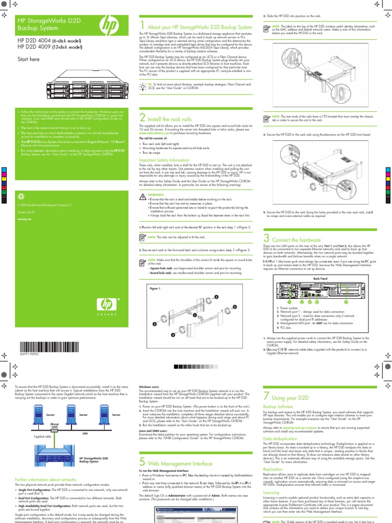 HP Storageworks D2D Backup System: HP D2D 4004 HP D2D 4009 Start Here ...