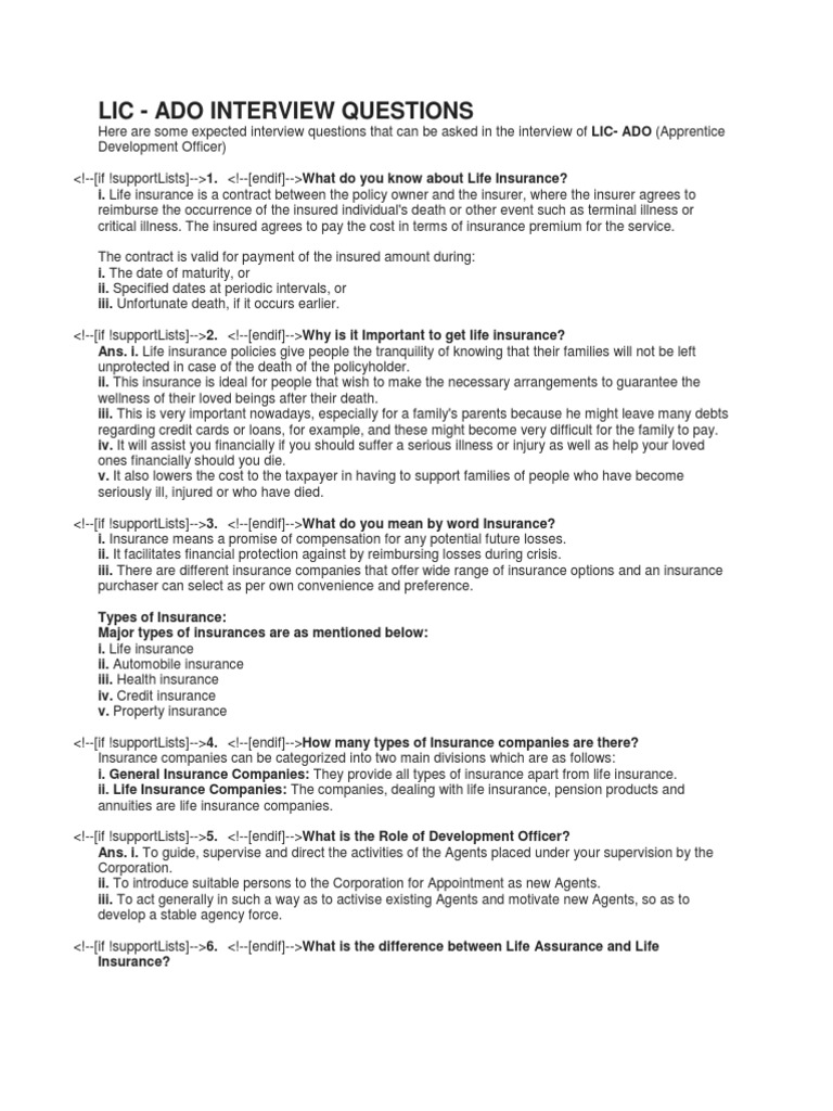 Lic - Ado Interview Questions | PDF | Life Insurance | Insurance