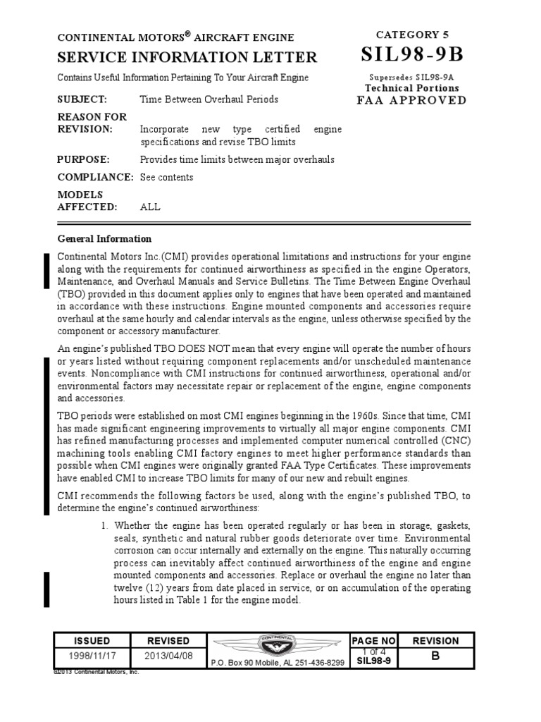 SIL98-9B Service Letter | PDF | Cylinder (Engine) | Engines
