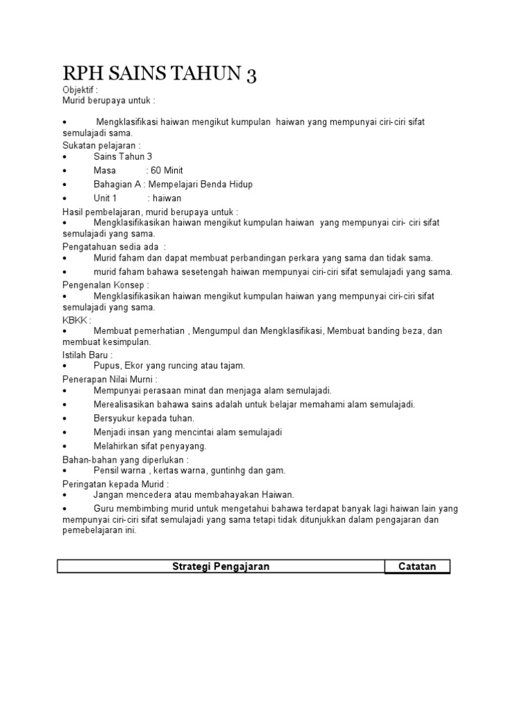 RPH Sains Tahun 3 | PDF