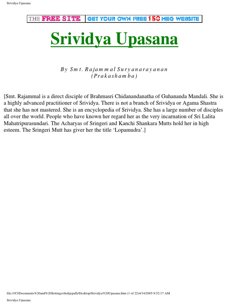 Srividya Upasana by Smt. Rajammal Suryanarayanan (Prakashamba) | PDF | Kundalini | Bhakti