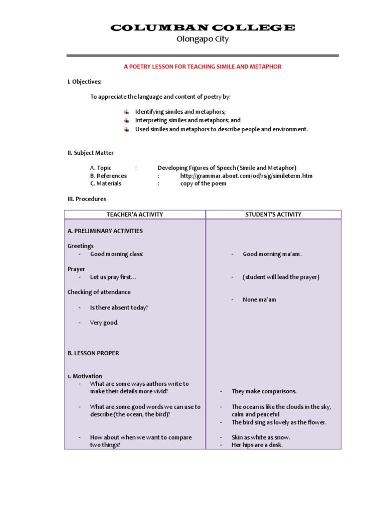 Poetry Lesson: Simile and Metaphor | PDF | Metaphor | Lesson Plan