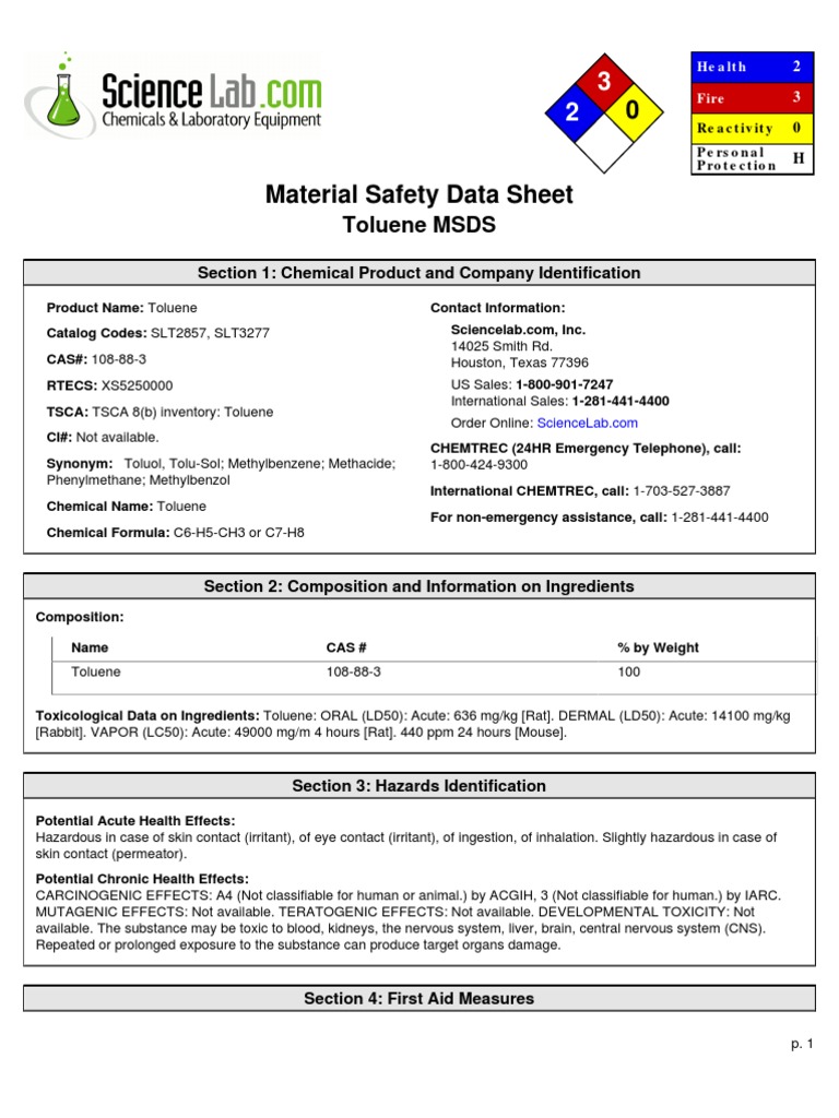 Toluene MSDS: Section 1: Chemical Product and Company Identification | PDF