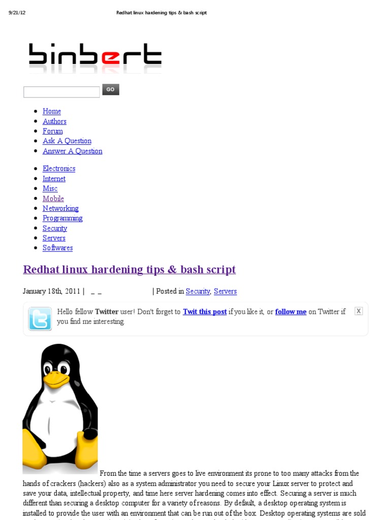 Redhat Linux Hardening Tips With Bash Script Pdf Secure Shell System Administrator