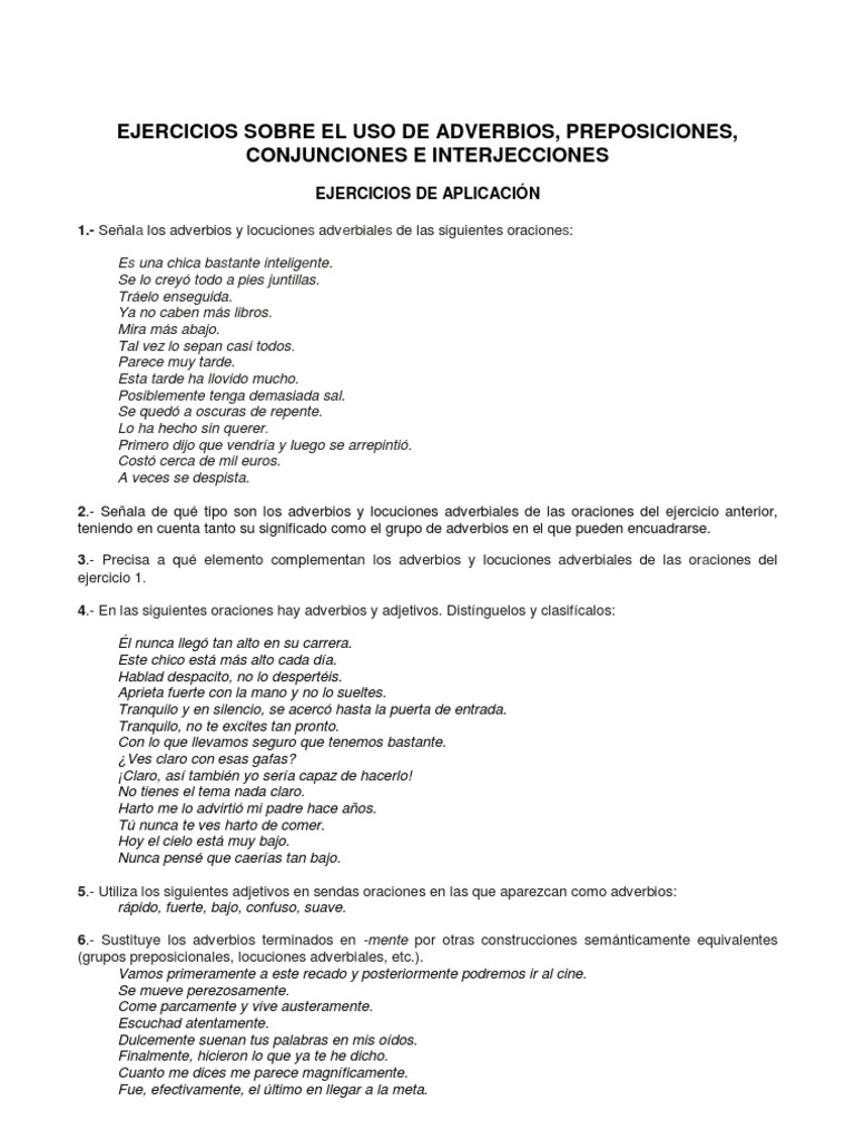 Ejercicios Sobre El Uso de Adverbios, Preposiciones, Conjunciones e Interjecciones | PDF ...