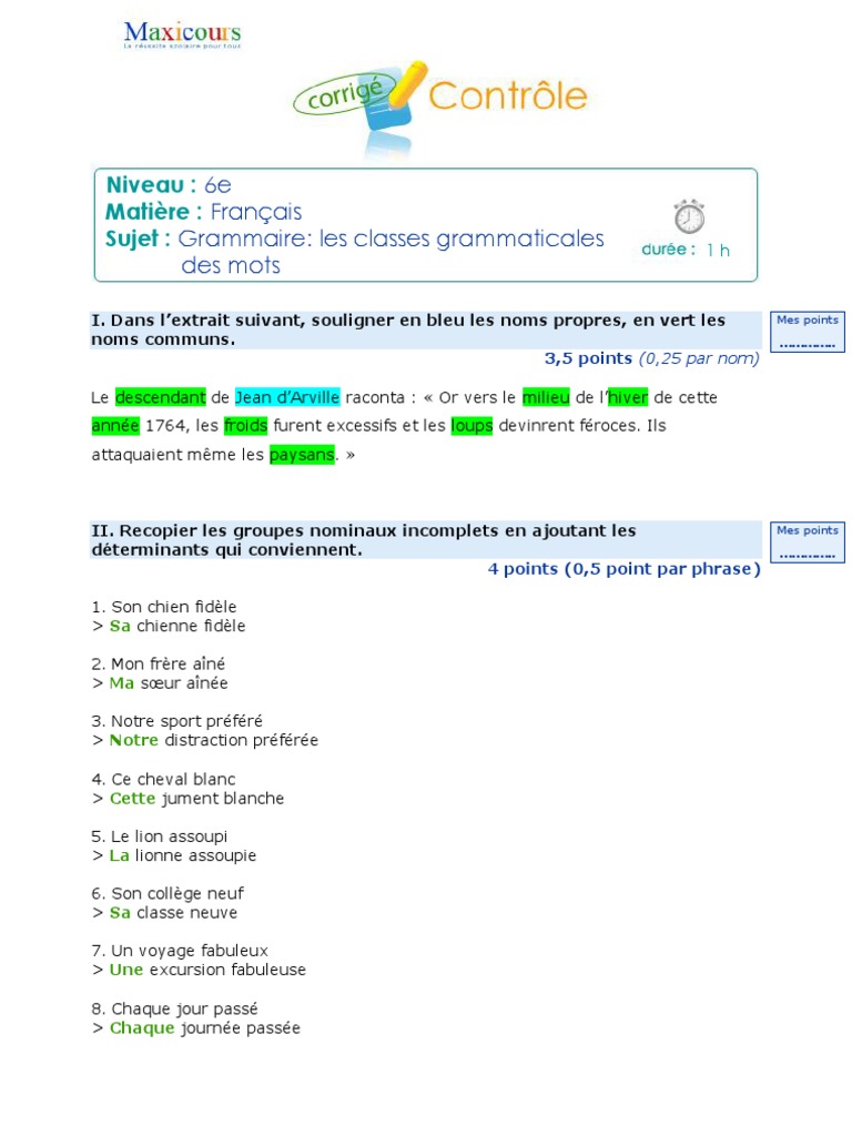 2b-La Correction - Les Classes Grammaticales Des Mots | PDF | Nom ...