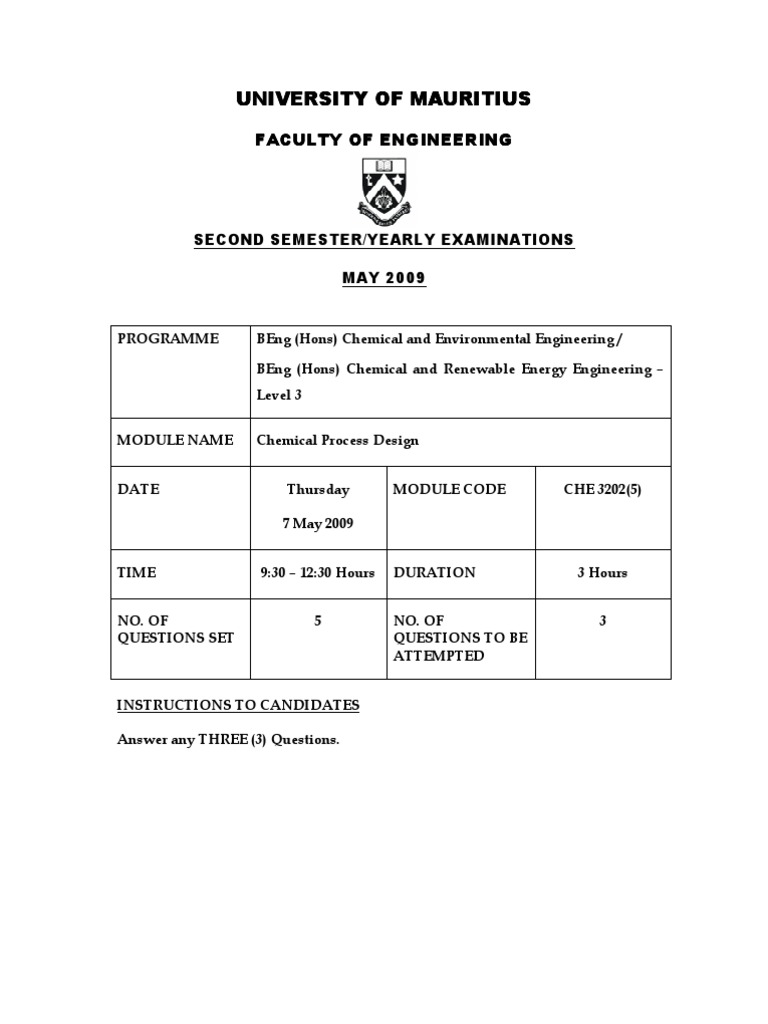Chemical Process Design Exam 2009 | PDF | Chemical Reactor | Chlorine