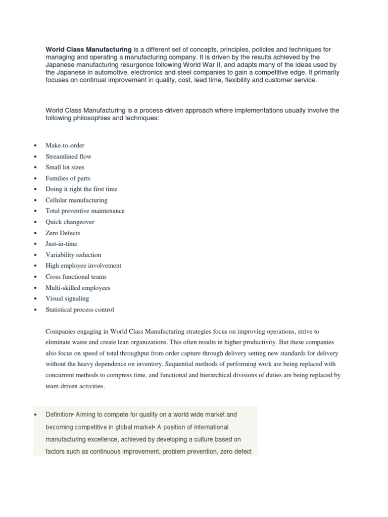 World Class Manufacturing Is A Different Set of Concepts, Principles ...