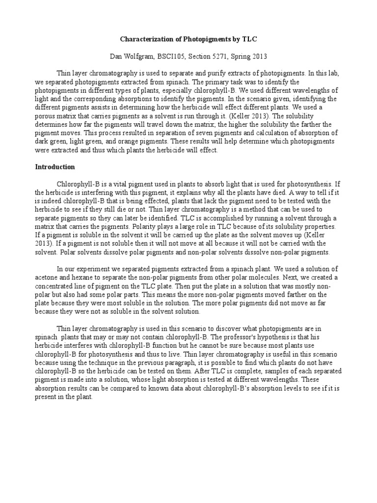 105 Lab Report | PDF | Thin Layer Chromatography | Chlorophyll
