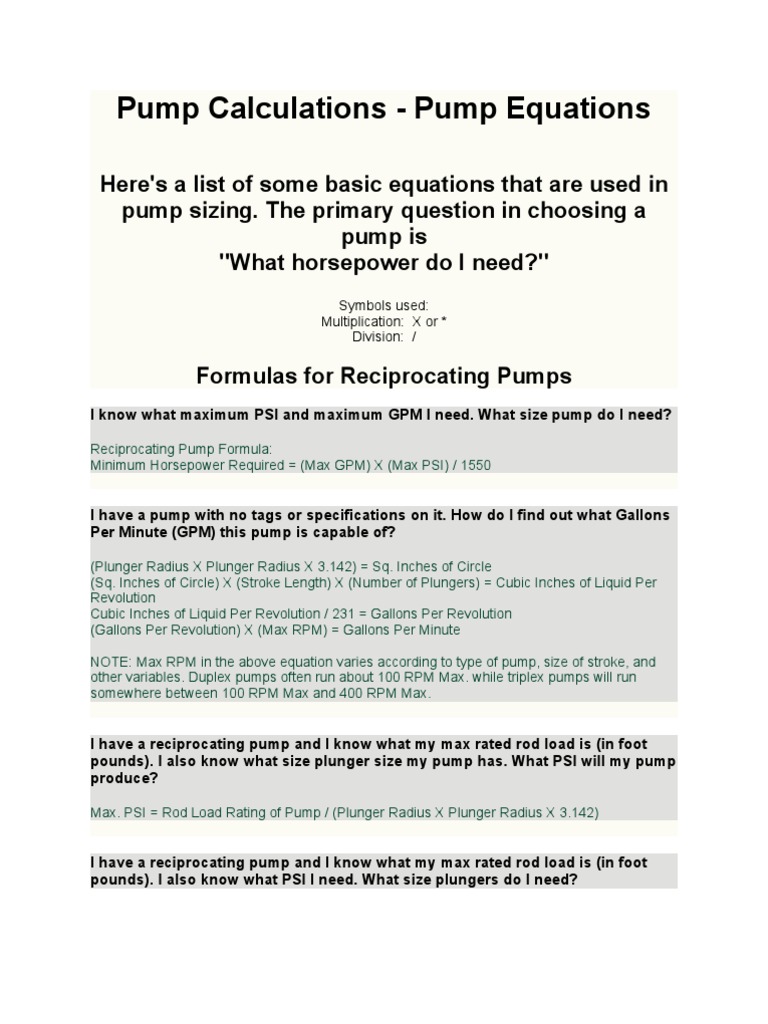 Pump Calculations | Pump | Piston