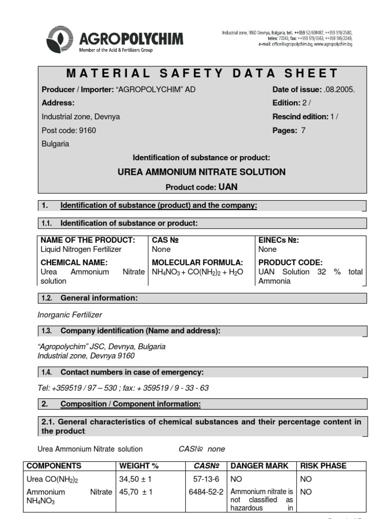 Urea Ammmonia Nitrate Msds en | PDF | Urea | Ammonia