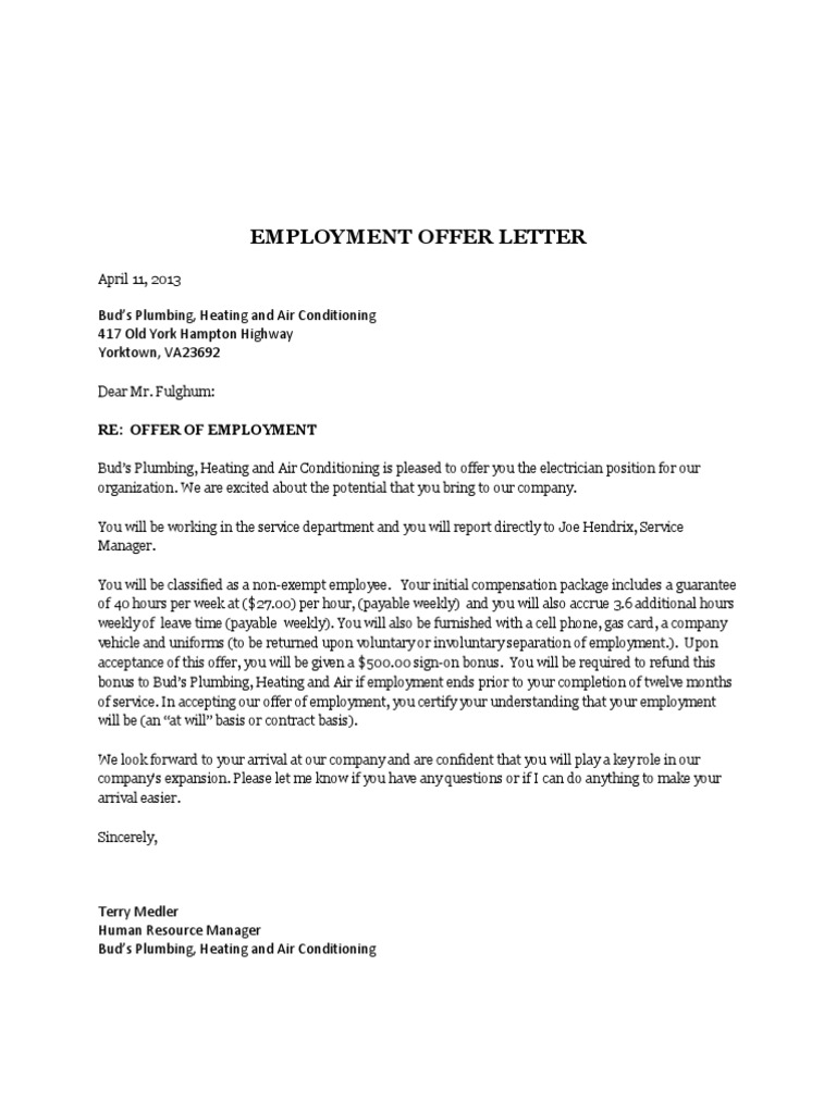 Offer Letter For Electrician James | PDF | Labor | Employment