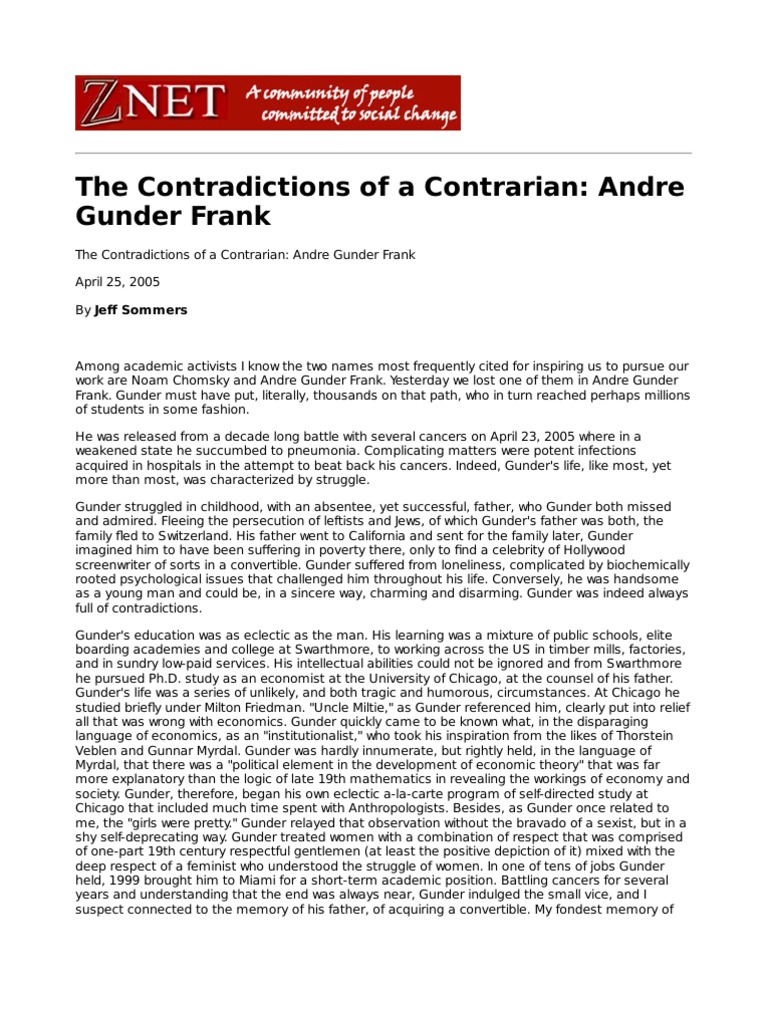 The Contradictions of A Contrarian Andre Gunder Frank by Jeff Sommers ...