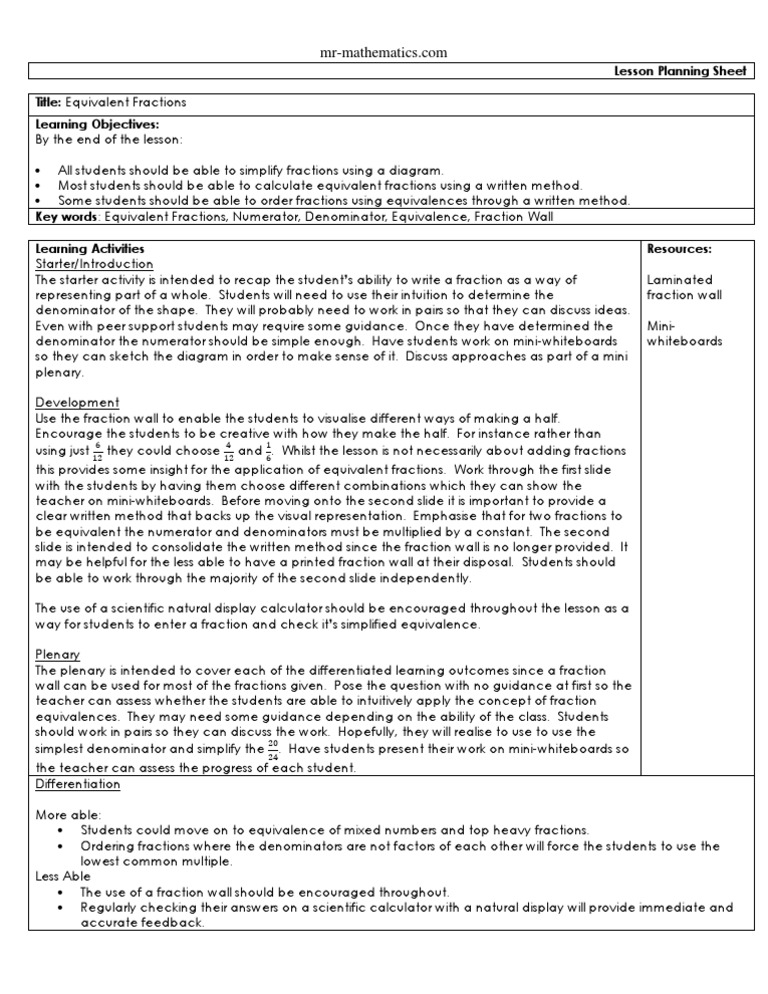 Equivalent Fractions Lesson Plan Fraction Mathematics Lesson Plan