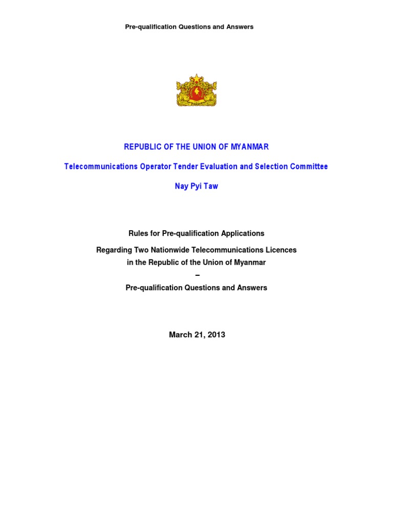 BURMA MYANMAR TELECOM LICENSES Pre-Qualification LIST - ENGLISH | PDF ...