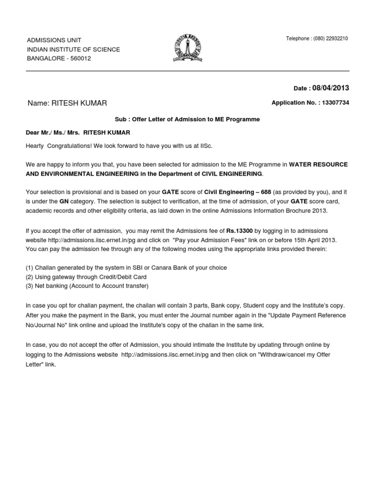 OfferLetter 13307734 | PDF | University And College Admission | Fee