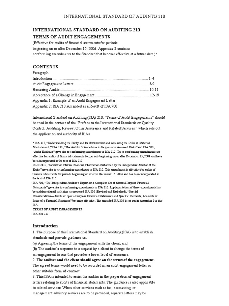 ISA 210: Audit Engagement Terms | PDF | Business | Finance & Money ...