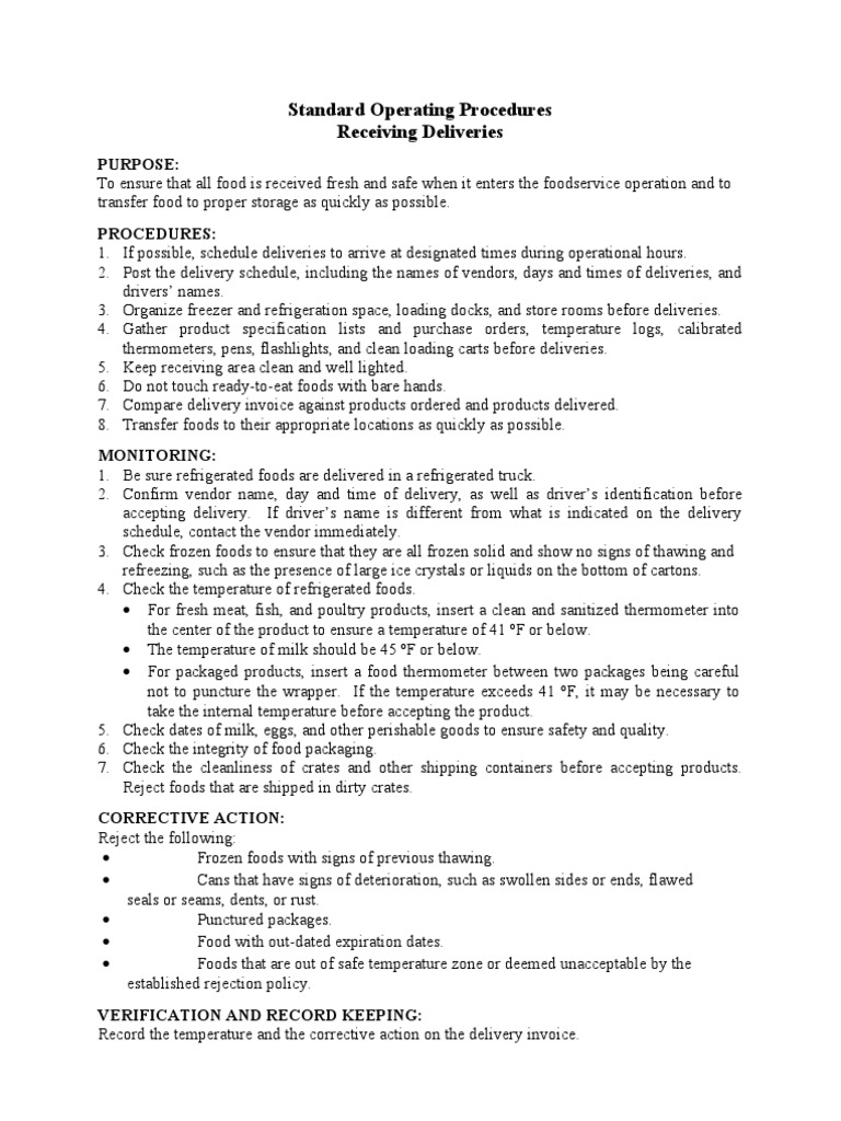 Ensuring Food Safety from Receiving to Storage: Standard Operating ...