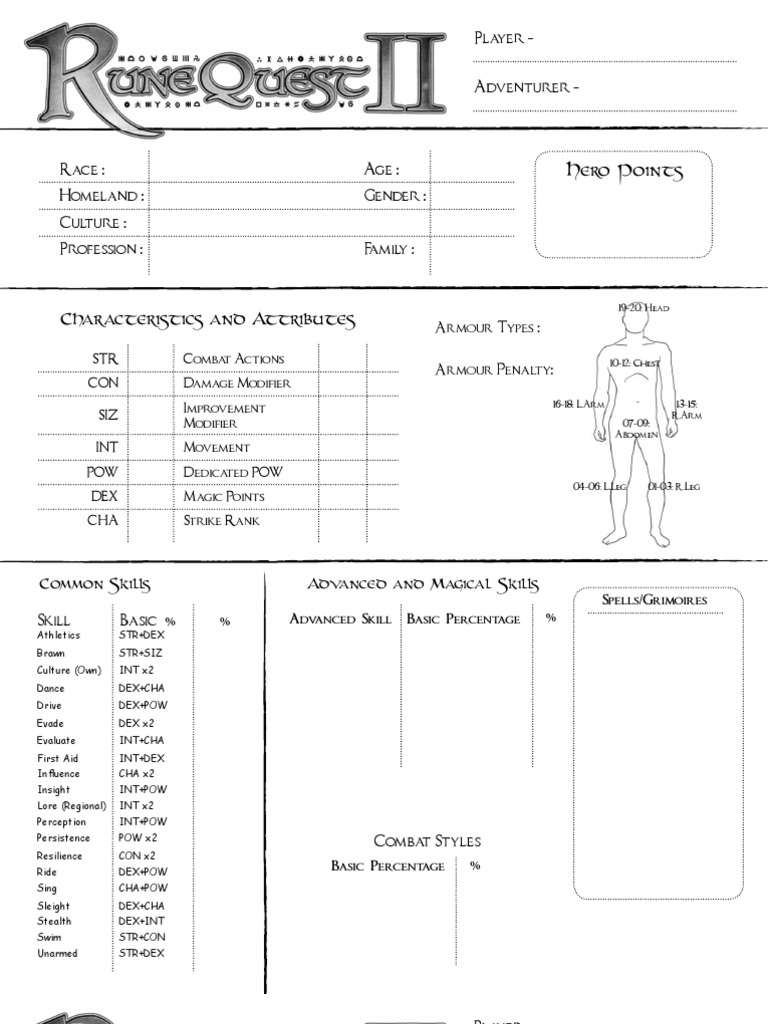 Runequest MRQII - Character Sheet | PDF