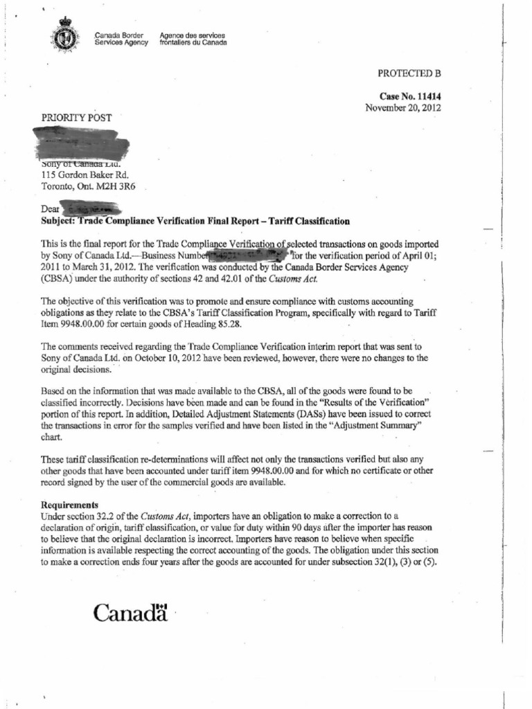 Letter: Tariffs On Sony Consumer Products | PDF | Tariff | Customs