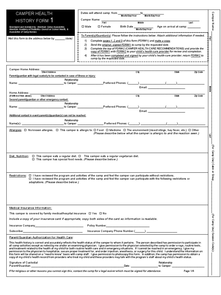 Camper Health History Form: American Academy of Pediatrics Council On ...