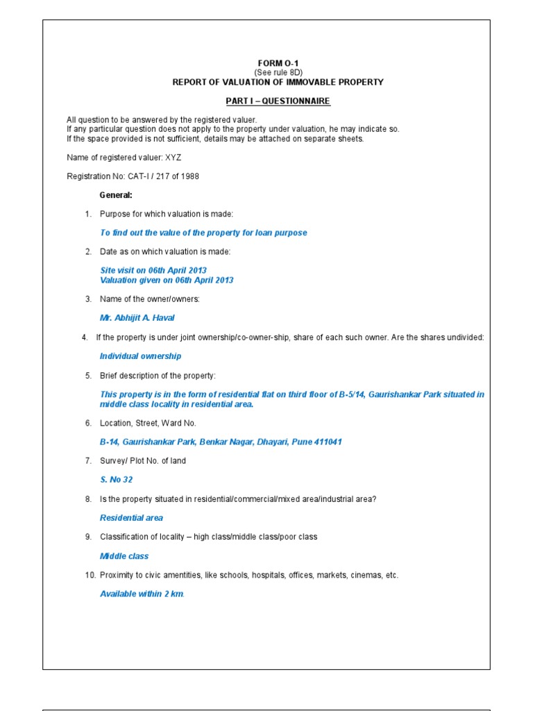 Immovable Property Valuation Report O-1 | PDF