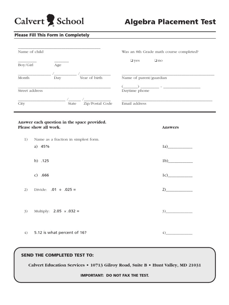 Algebra Placement Test | PDF | Algebra | Mathematical Objects