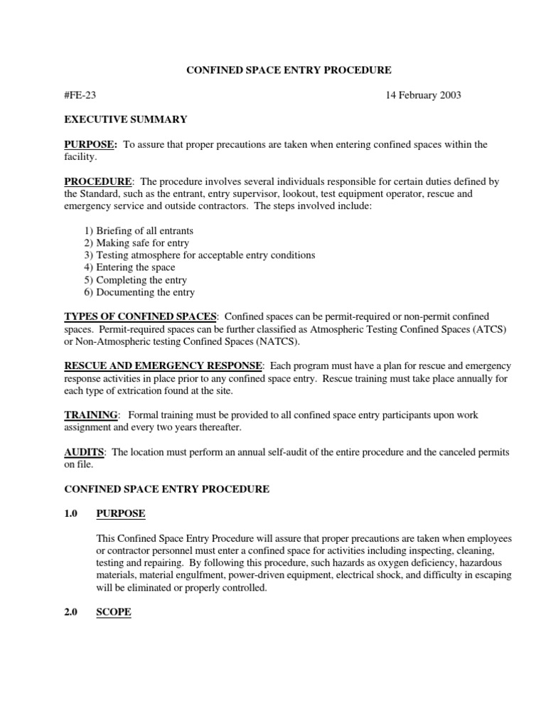 Confined Space Entry Procedure Overview | PDF | Technology & Engineering