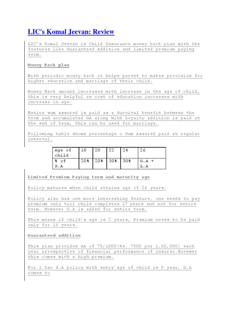 LIC Komal Jeevan Reviews | PDF | Financial Risk | Insurance
